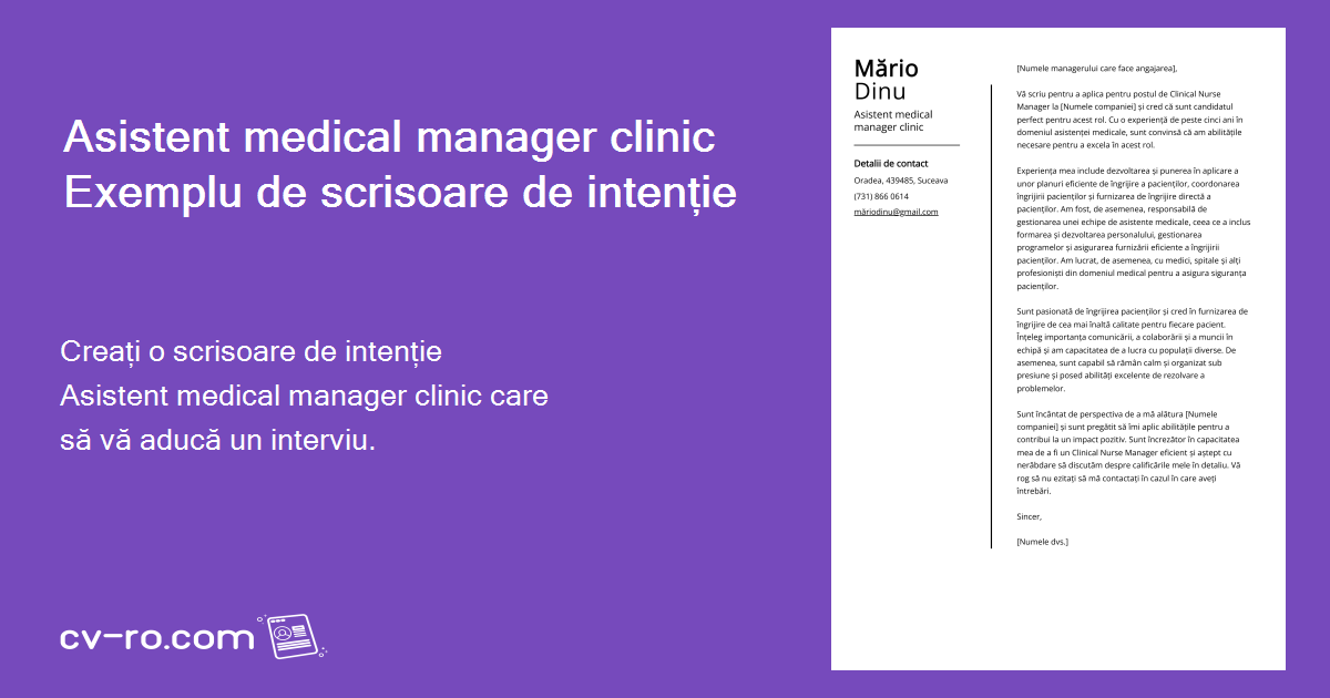 Asistent medical manager clinic Exemplu de scrisoare de intenție pentru 2024