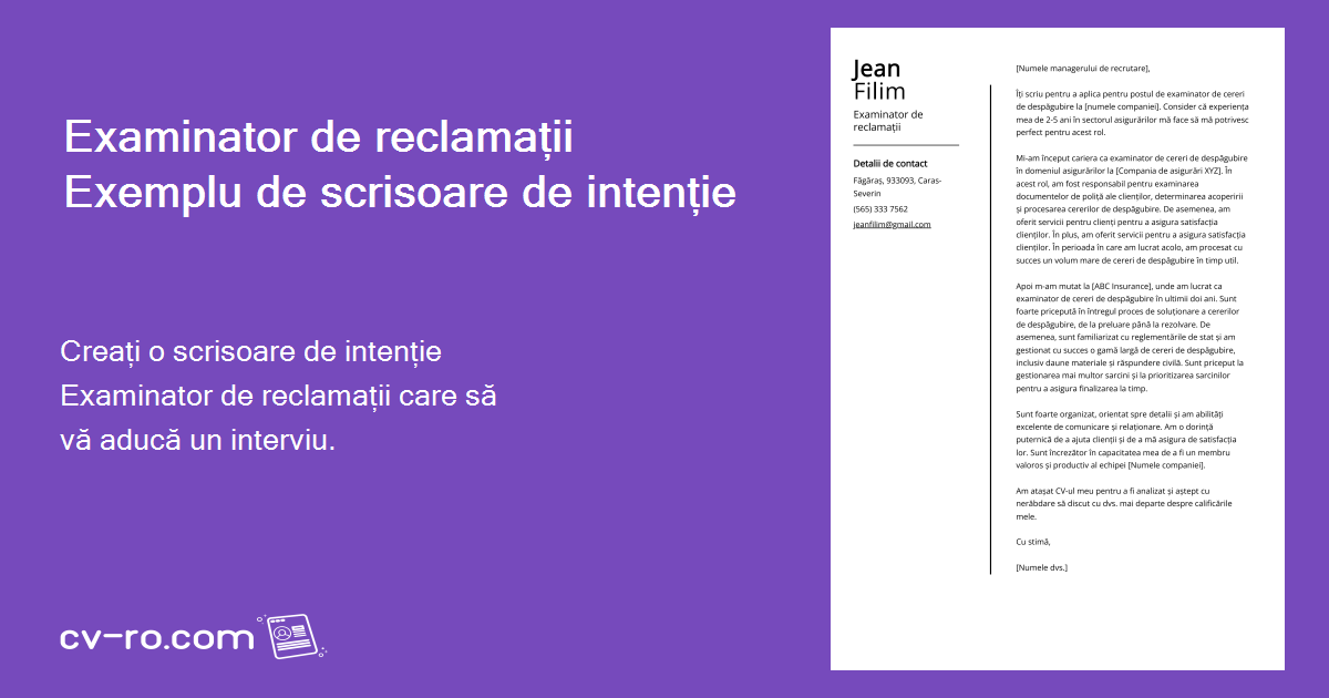 Examinator de reclamații Exemplu de scrisoare de intenție pentru 2024