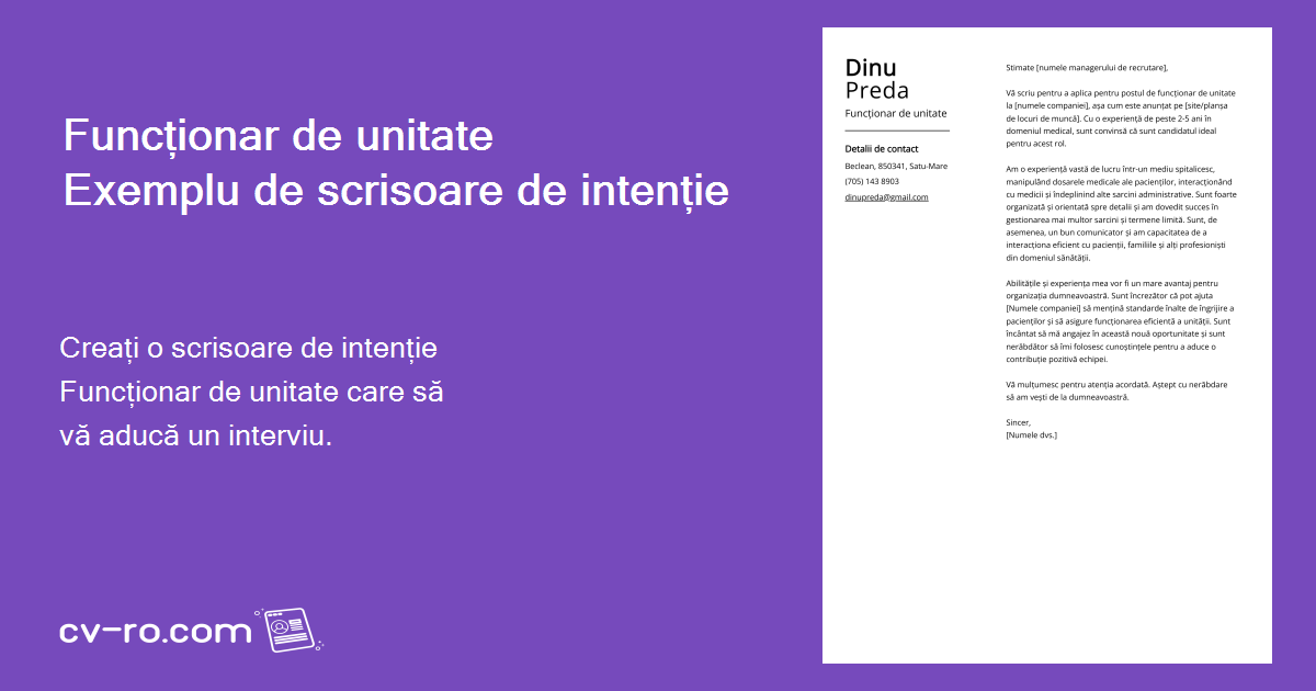 Funcționar de unitate Exemple de scrisori de intenție și ghid