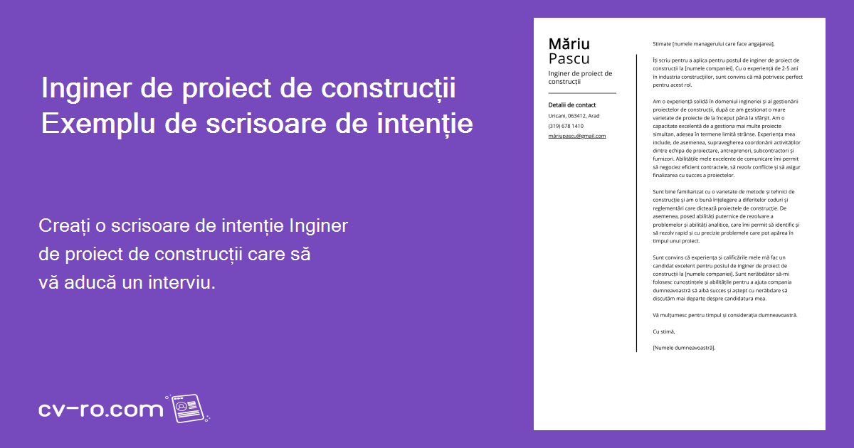 Inginer de proiect de construcții Exemplu de scrisoare de intenție ...