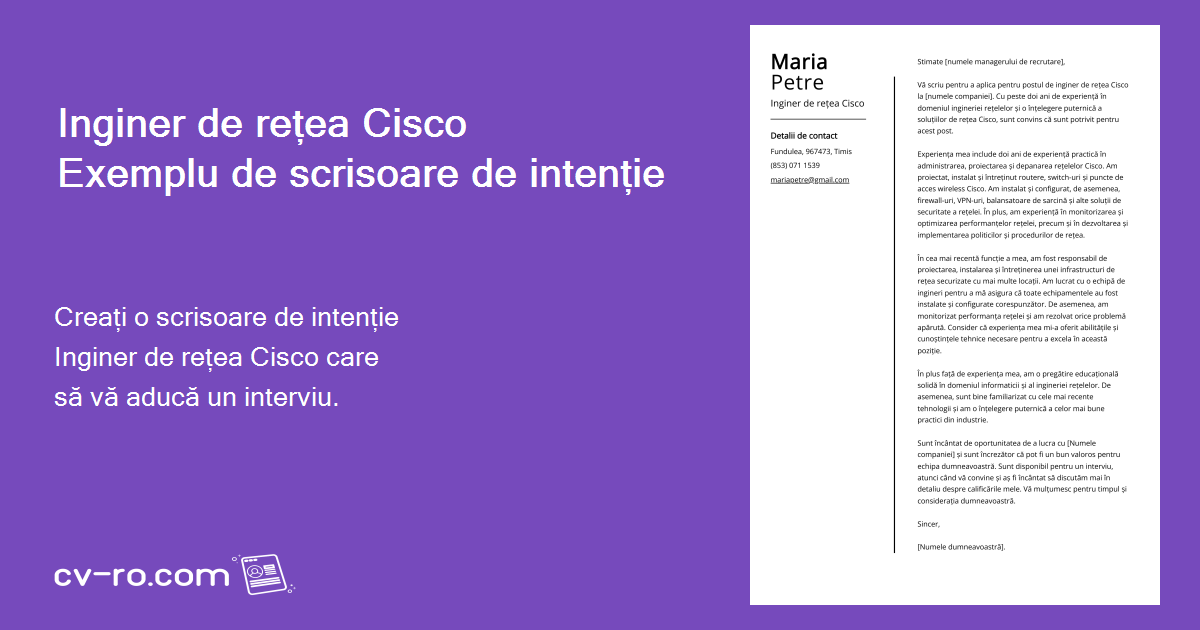 Inginer de rețea Cisco Exemplu de scrisoare de intenție pentru 2024