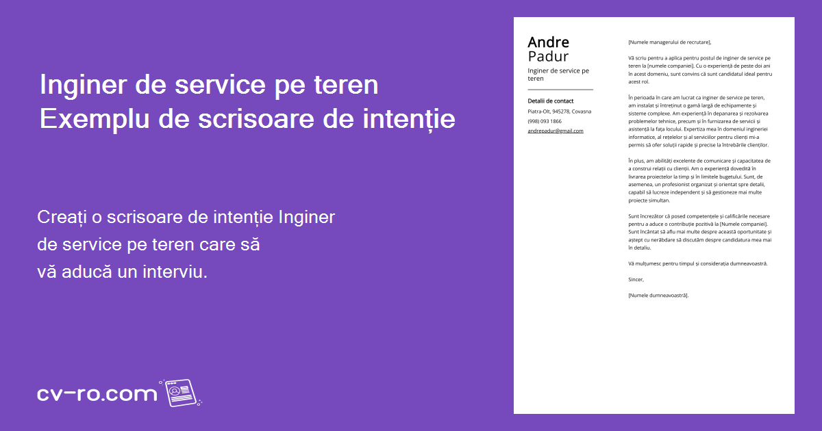 Inginer de service pe teren Scrisoare de intenție: Exemplu și ghid ...