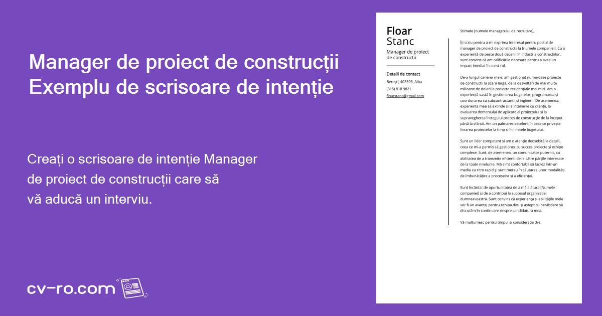 Manager de proiect de construcții Exemplu de scrisoare de intenție pentru 2025
