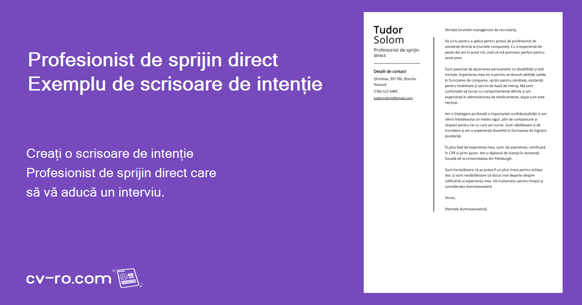 Profesionist de sprijin direct Exemplu de scrisoare de intenție pentru 2024