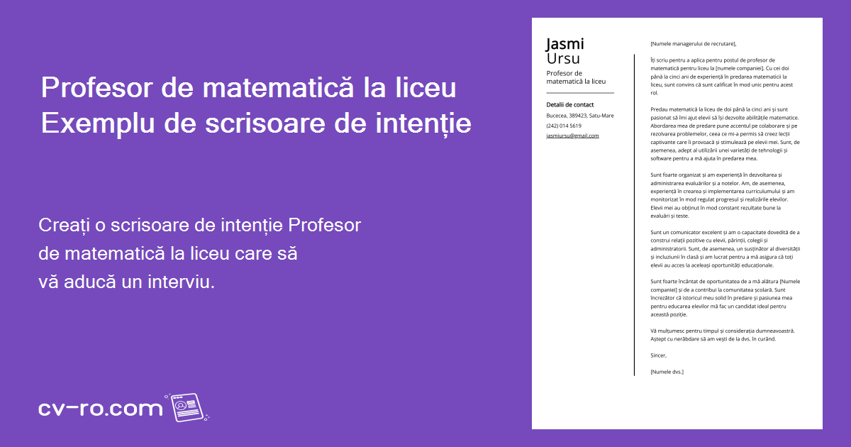 Profesor de matematică la liceu Scrisoare de intenție: Exemplu și ghid ...