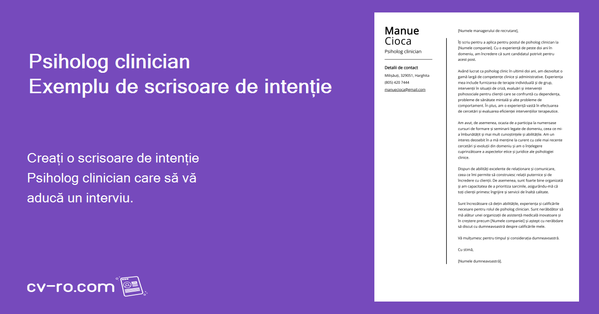 Psiholog clinician Exemplu de scrisoare de intenție pentru 2025
