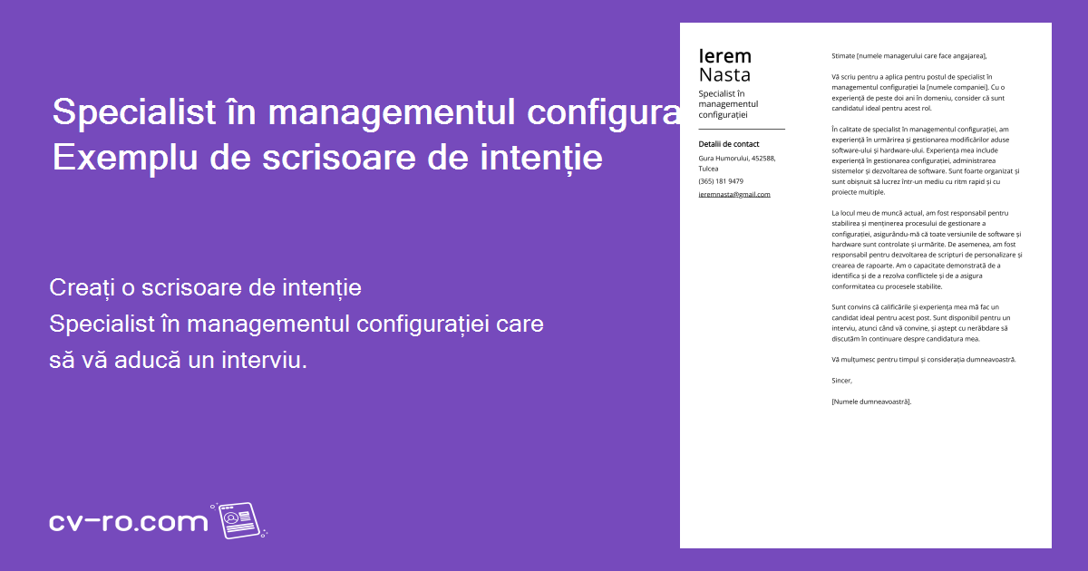 Specialist în managementul configurației Exemplu de scrisoare de ...