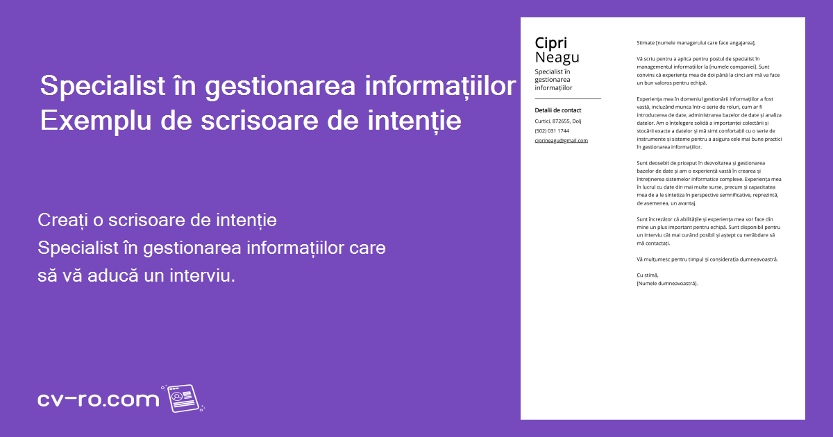 Specialist în gestionarea informațiilor Scrisoare de intenție: Exemplu și ghid (Locuri de muncă ...