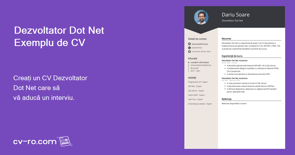 Dot Net Developer Resume Exemplu de CV (Ghid gratuit)